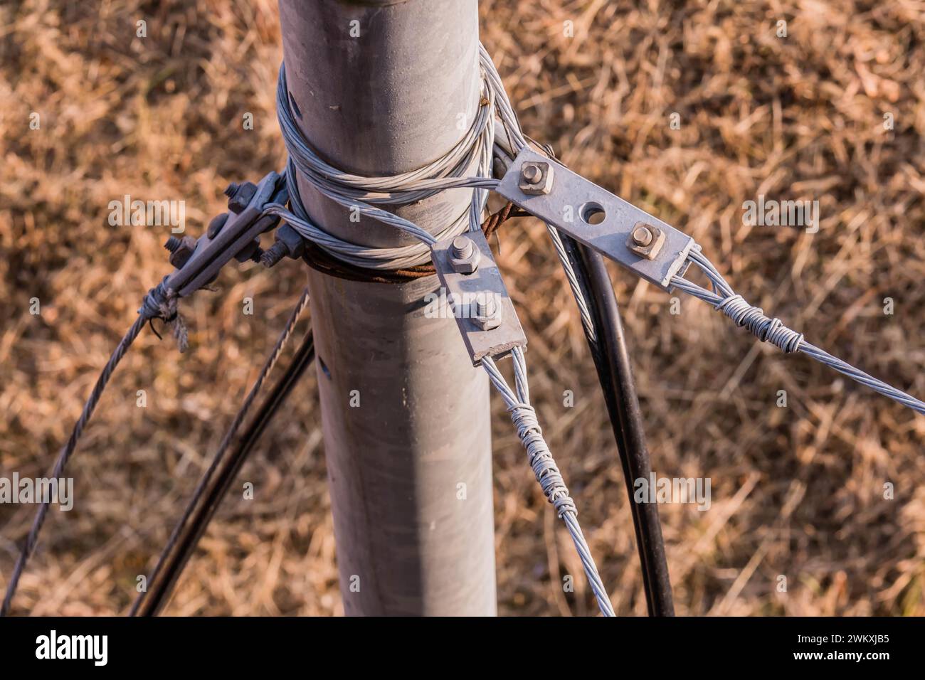 Top down view of wire cables attached to metal pole with brown grass ...