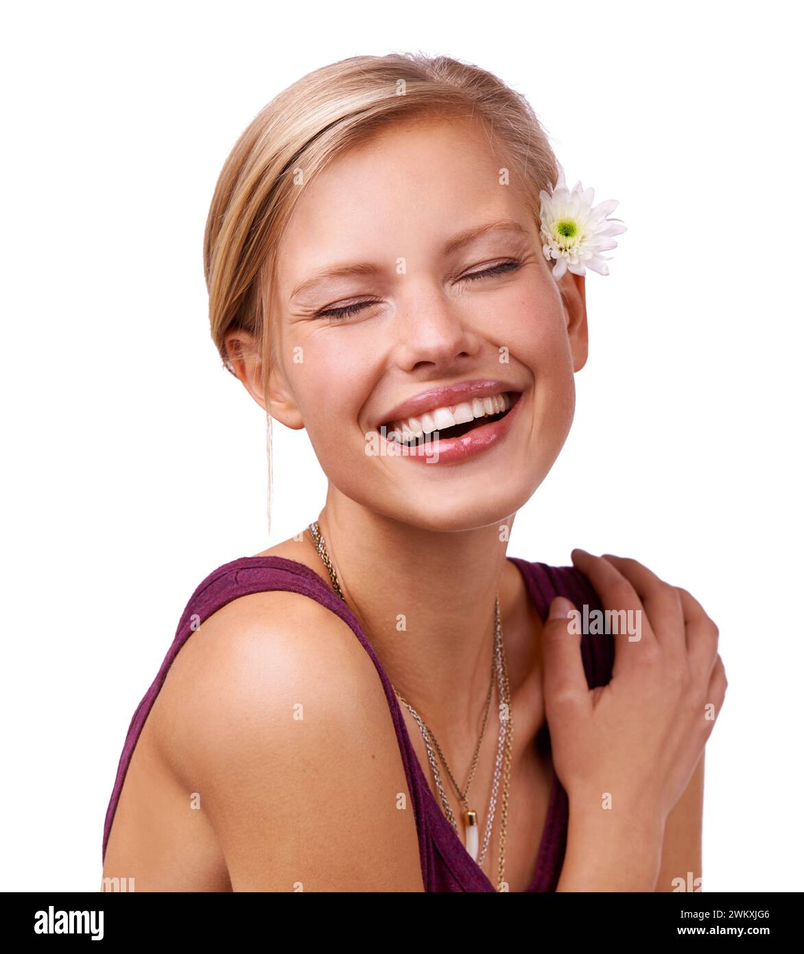 Flower, laugh and face of woman on a white background for skincare ...