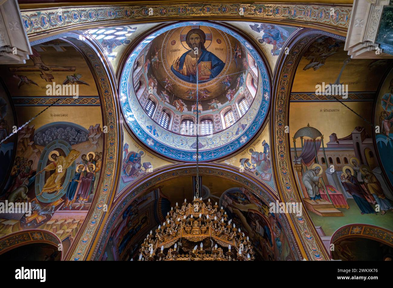 Interior view of Ieros Naos Panagias Dexias church, dome, mosaic, chandelier, Thessaloniki ...