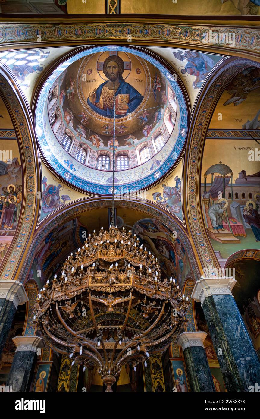 Interior view of Ieros Naos Panagias Dexias church, dome, mosaic, chandelier, Thessaloniki ...