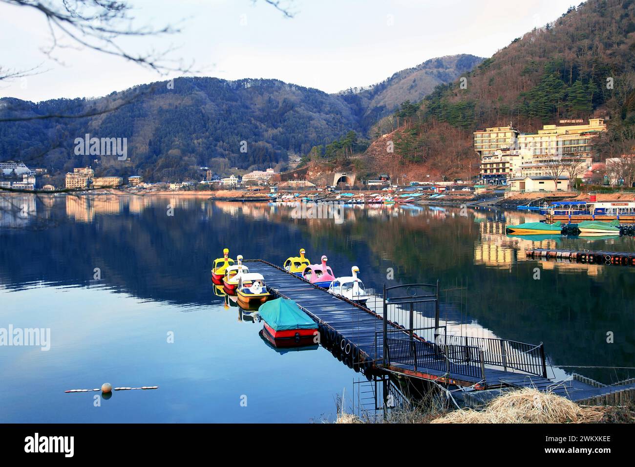 Sunset view of Lake Kawaguchi and Azagawa Village in Fujikawaguchiko ...