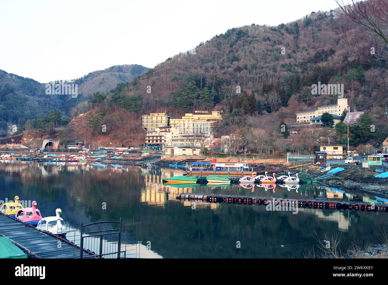 Sunset view of Lake Kawaguchi and Azagawa Village in Fujikawaguchiko ...