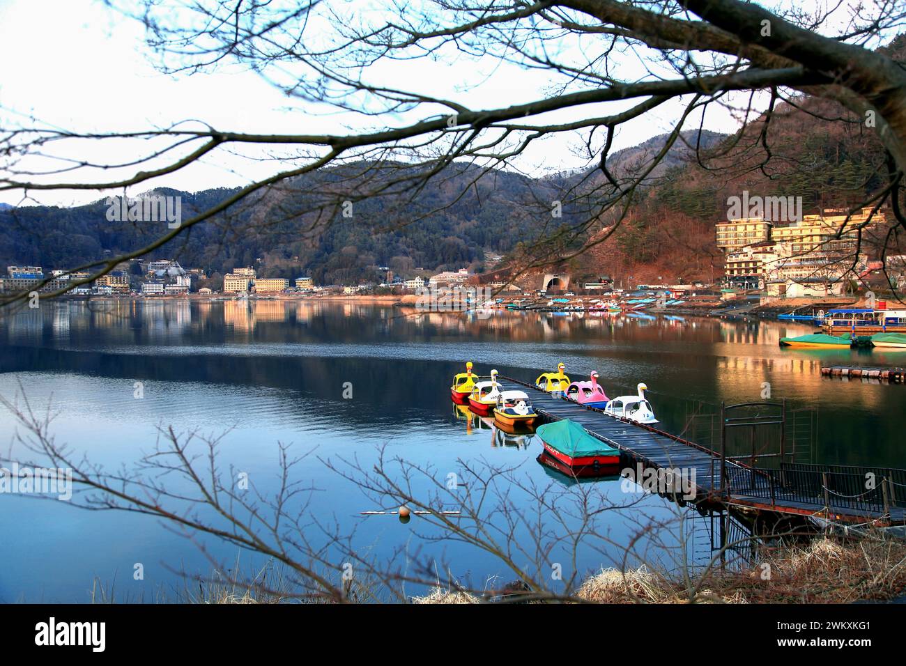 Sunset view of Lake Kawaguchi and Azagawa Village in Fujikawaguchiko ...