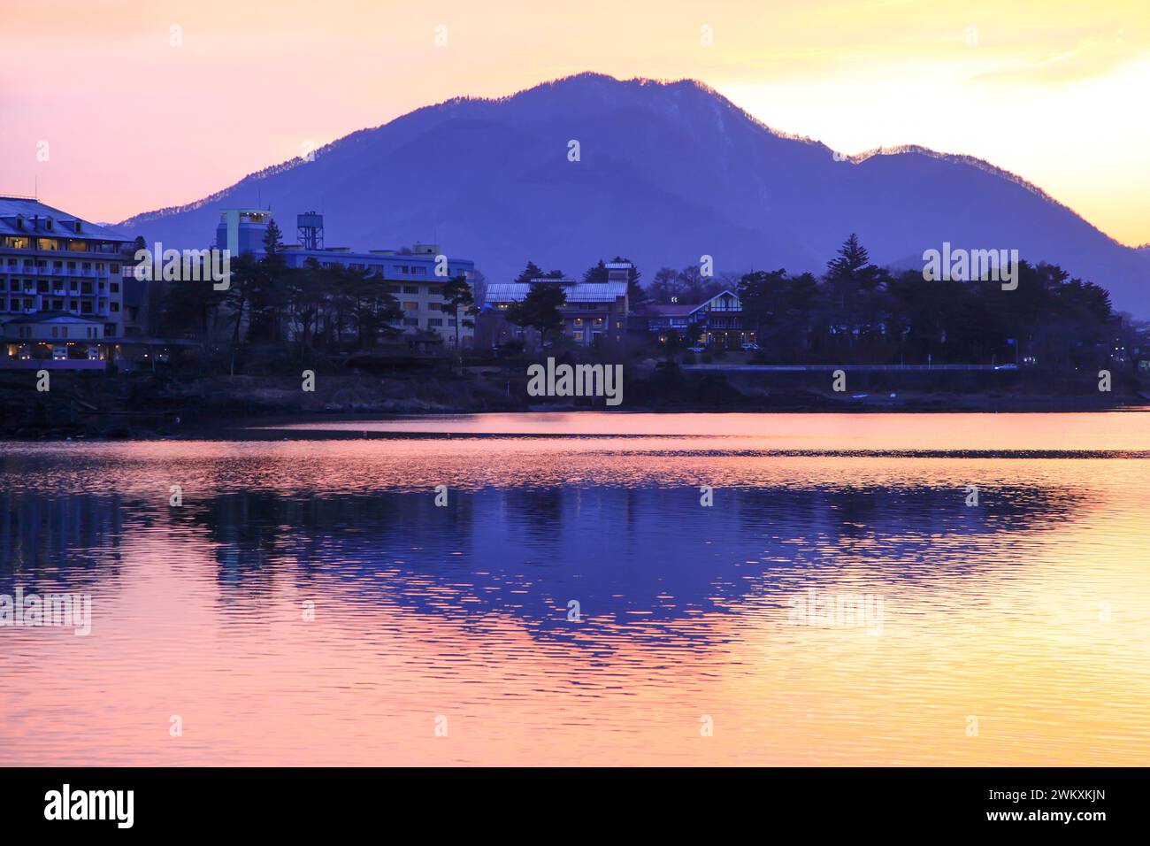 Sunset view of Lake Kawaguchi and Azagawa Village in Fujikawaguchiko ...
