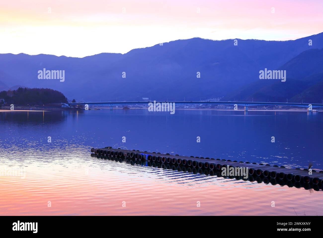 Sunset view of Lake Kawaguchi and Azagawa Village in Fujikawaguchiko, Southern Yamanashi ...