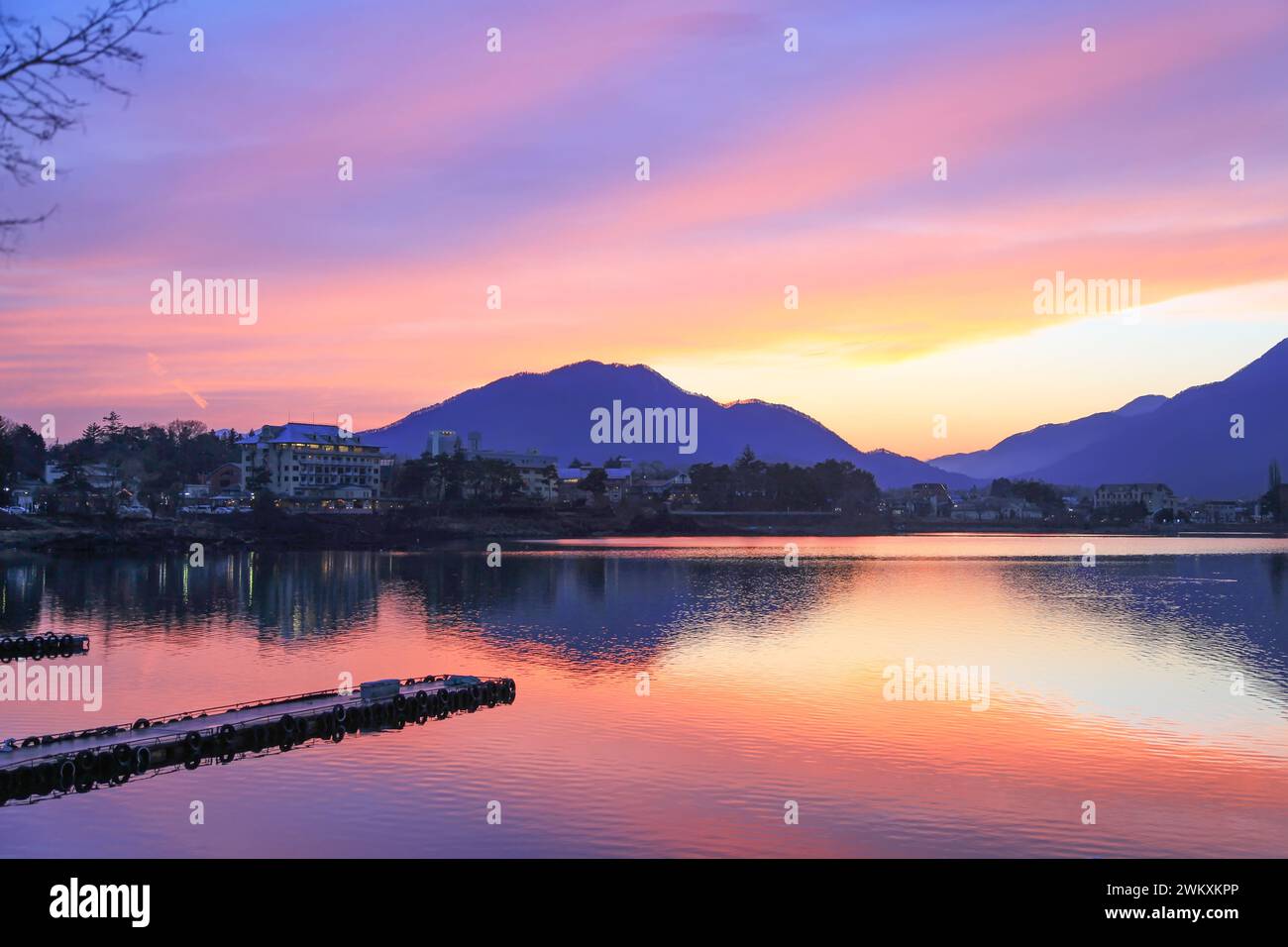 Sunset view of Lake Kawaguchi and Azagawa Village in Fujikawaguchiko, Southern Yamanashi ...