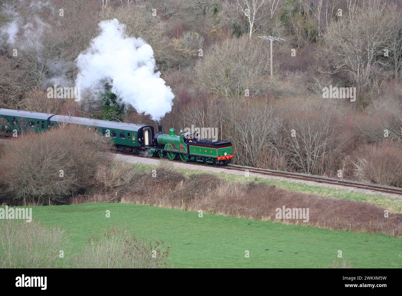 Steam train at Swanage Railway seen from Corfe Castle Stock Photo - Alamy