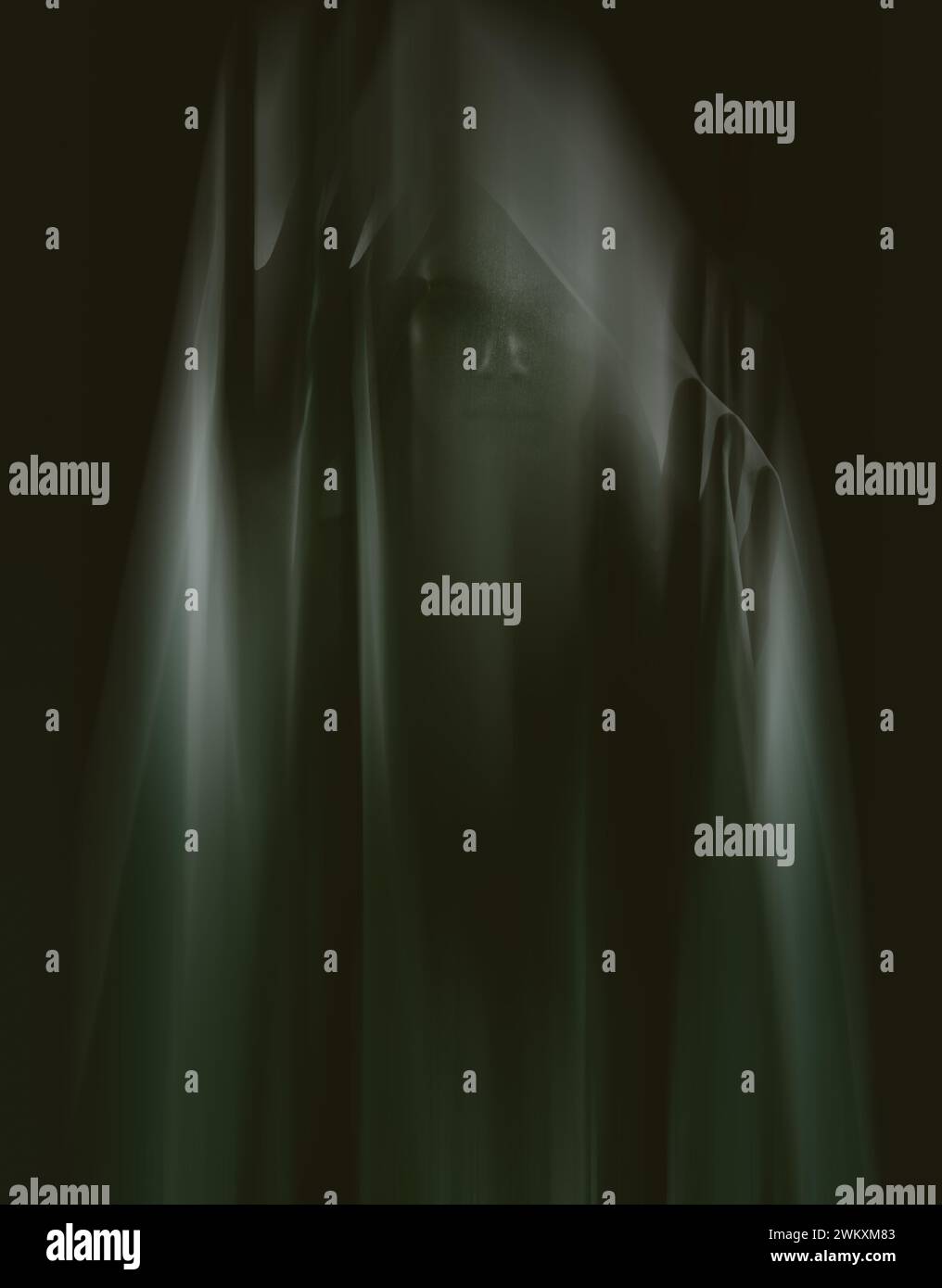 Person, hands and ghost face with mystery on black background for ...