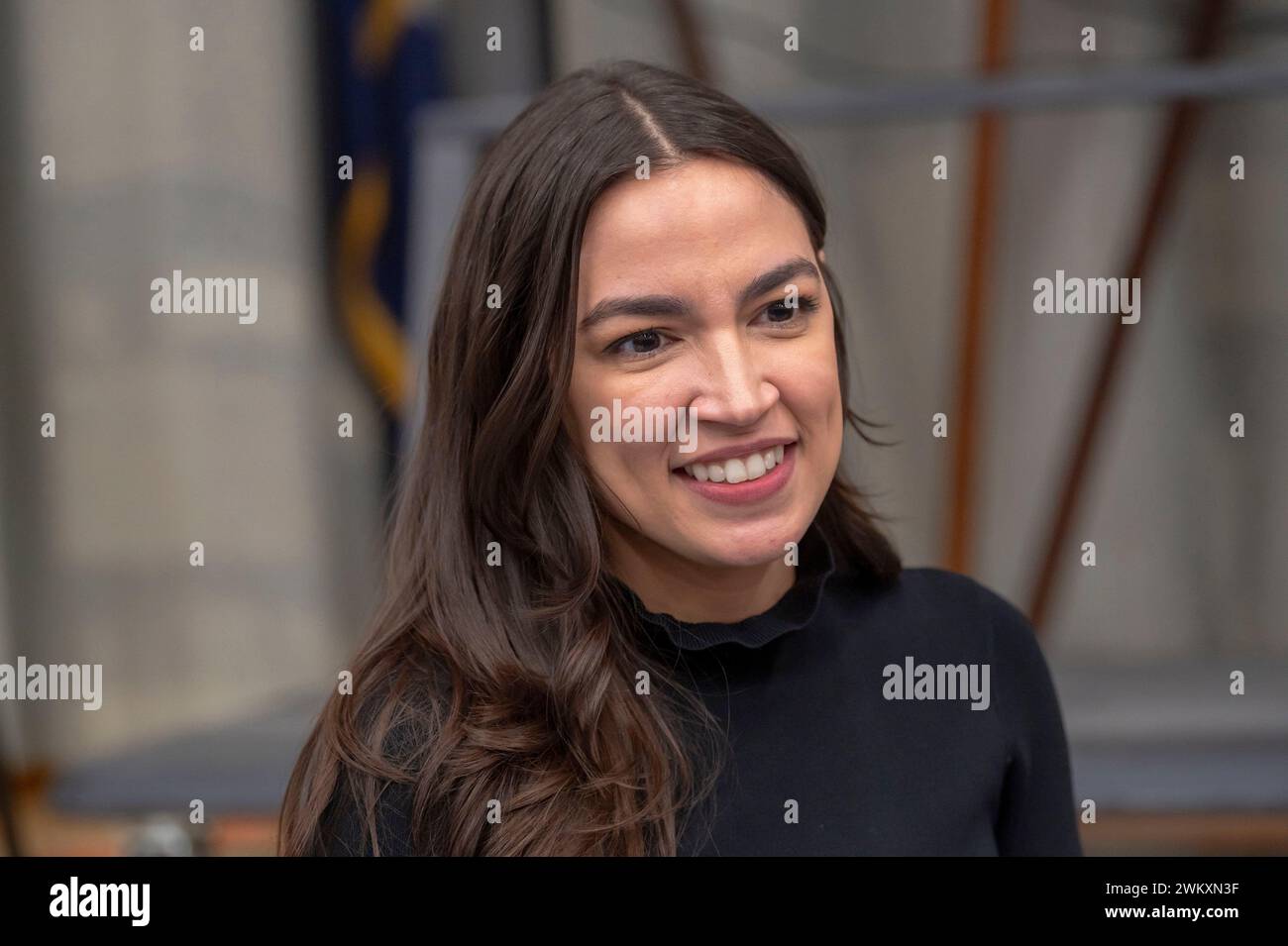 Rep. Alexandria Ocasio-Cortez poses as she holds a Town Hall to deliver ...