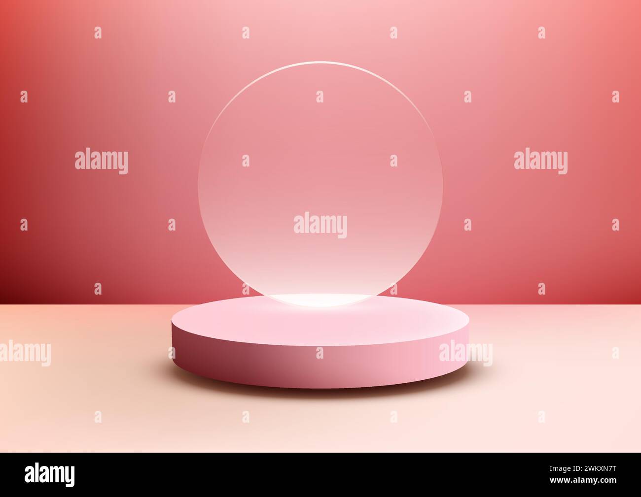 3D Pink podium with clear glass circle on top, set against a red ...