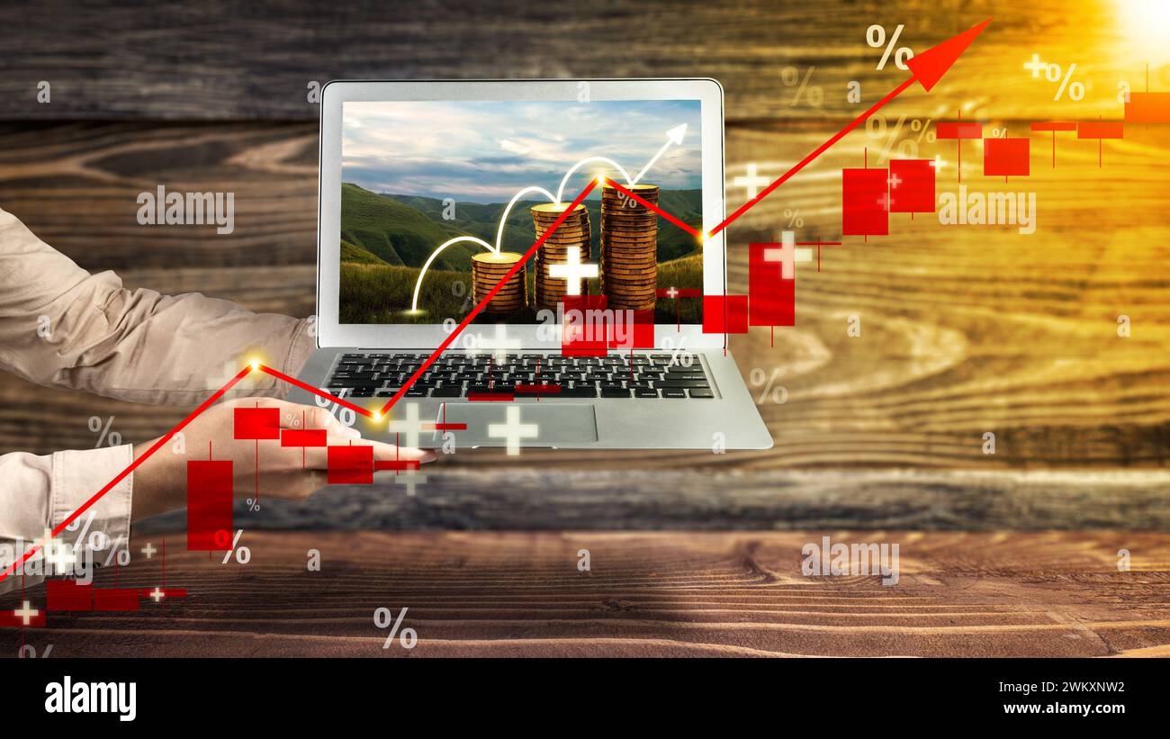 Business hand showing laptop screen with a view of stair stack of the ...