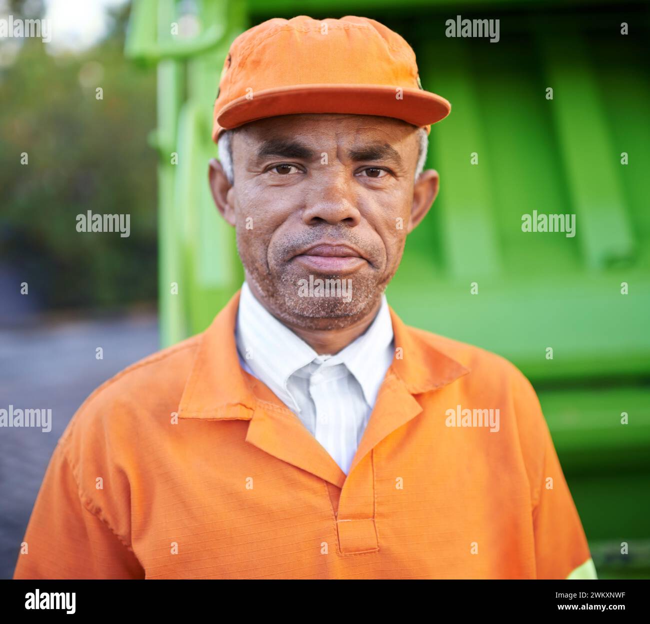 Portrait, man and worker for garbage collection with truck for trash ...