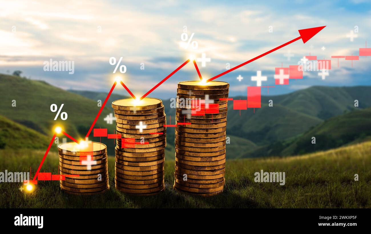 Stair stack of the golden coin with symbol of rising inflation graph ...