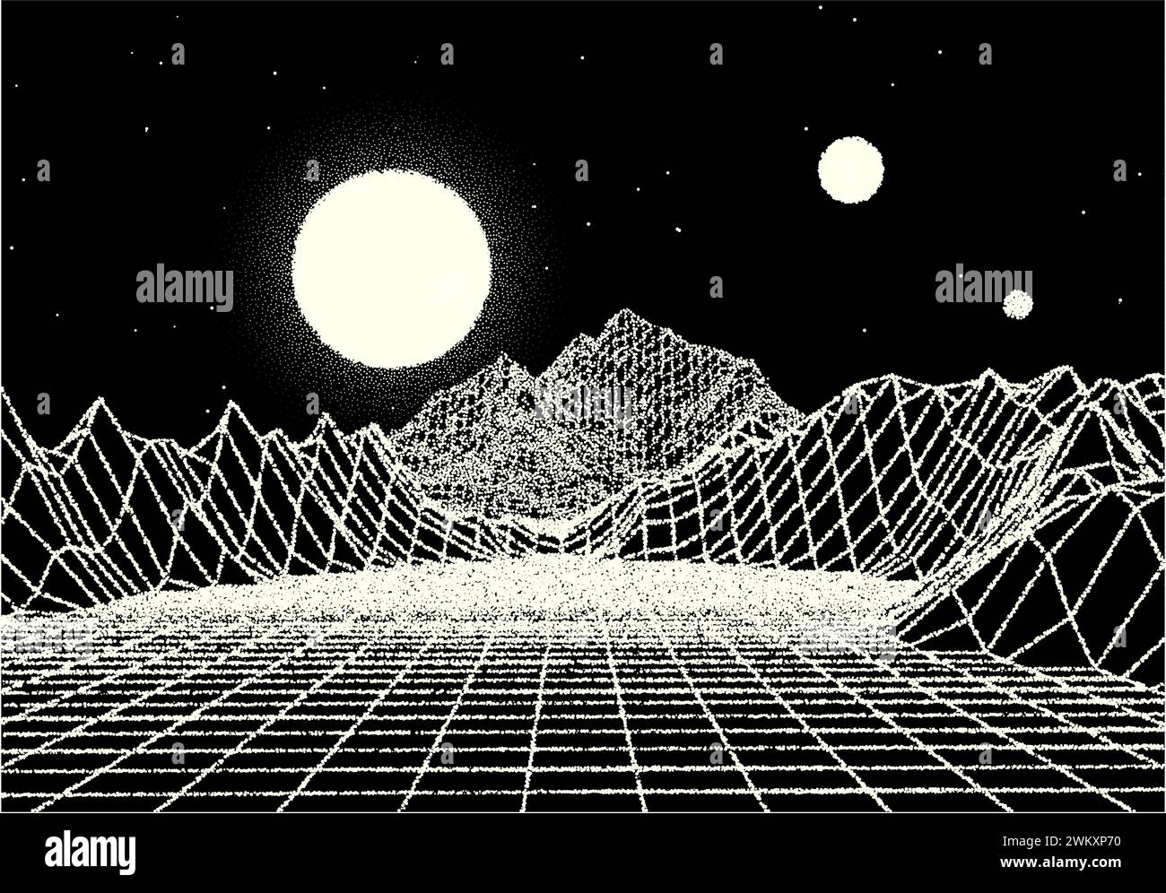 Retro dotwork landscape with 80s styled sun, grid mountains and stars ...