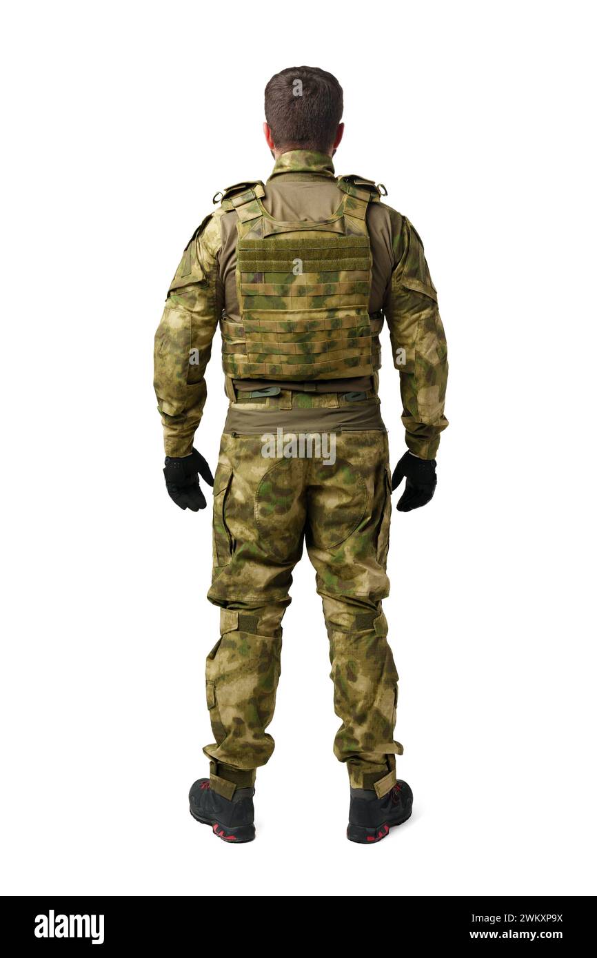 Back view of male soldier in military uniform isolated on white ...