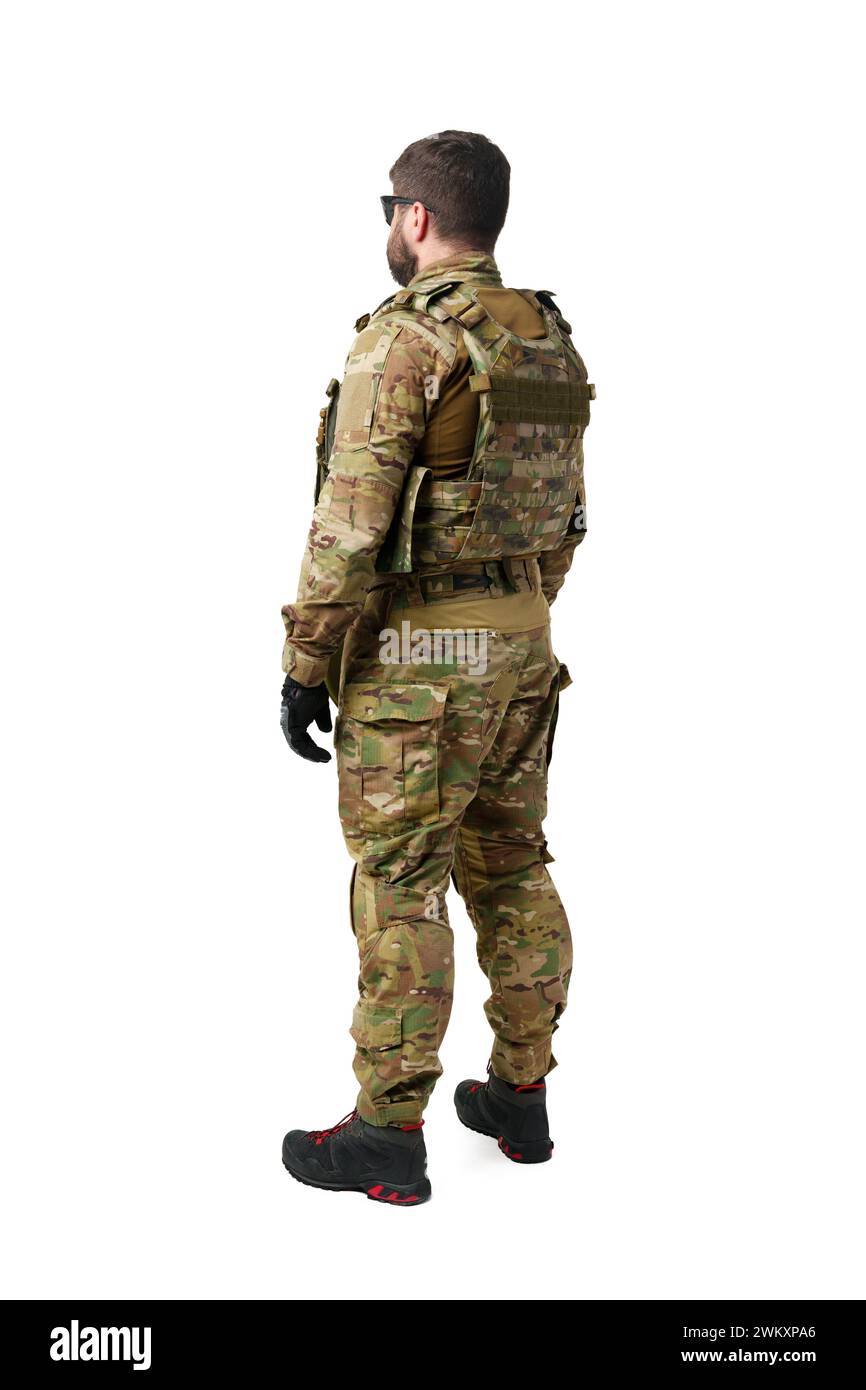 Back view of male soldier in military uniform isolated on white ...