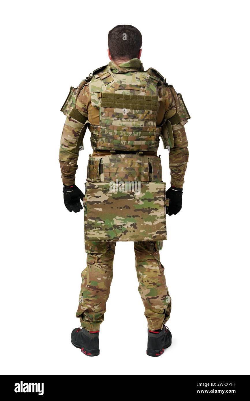 Back view of male soldier in military uniform isolated on white ...