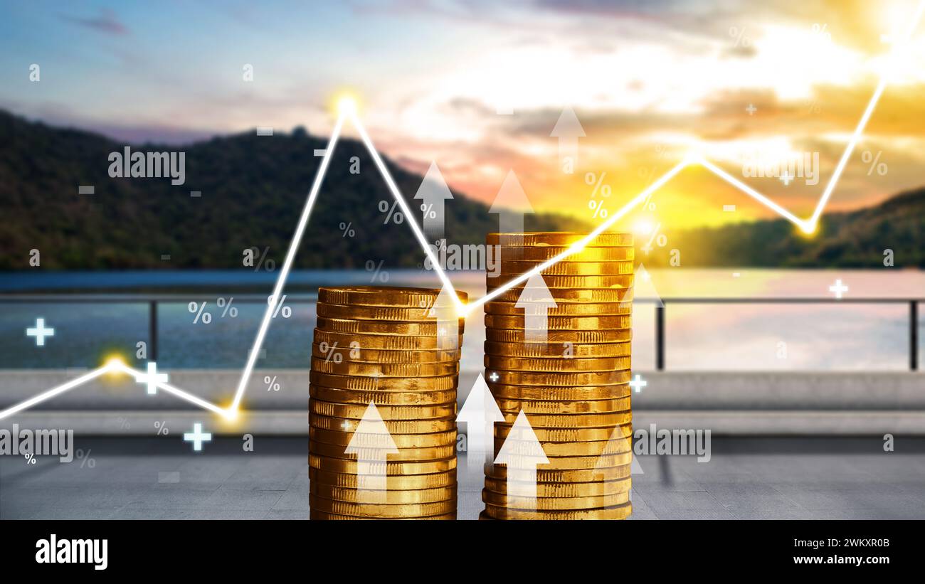 Stack of the golden coin with rising inflation graph arrow. Inflation ...