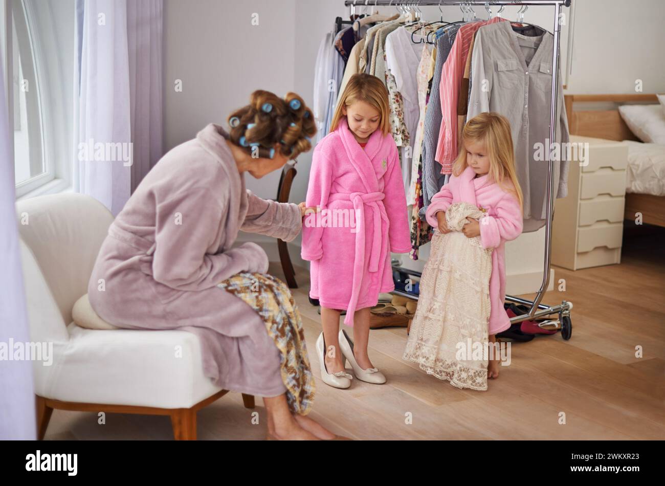 Fashion, clothes and mother with children in wardrobe for dressing ...