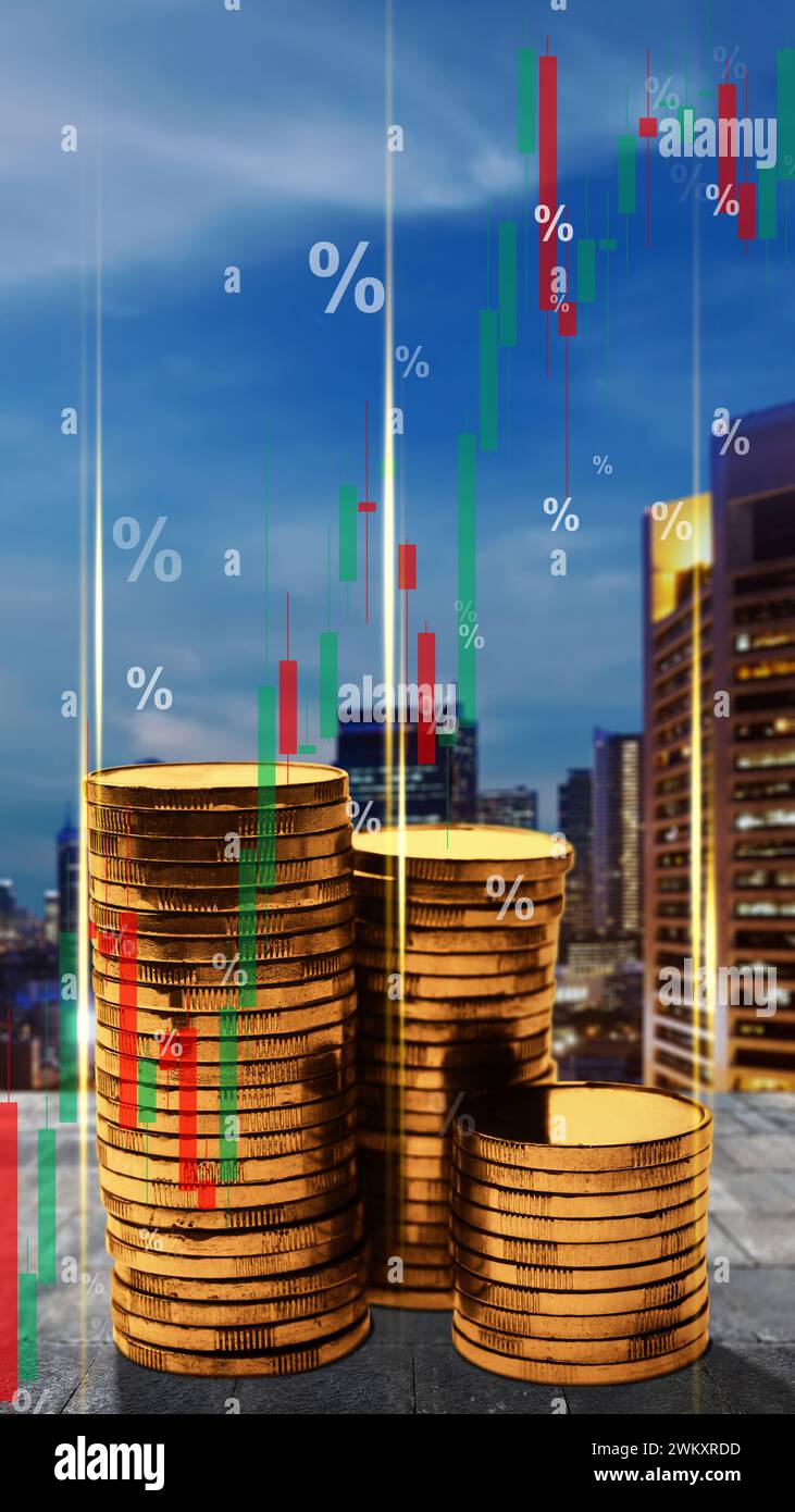 Stack of the golden coin with symbol of rising inflation graph arrow ...