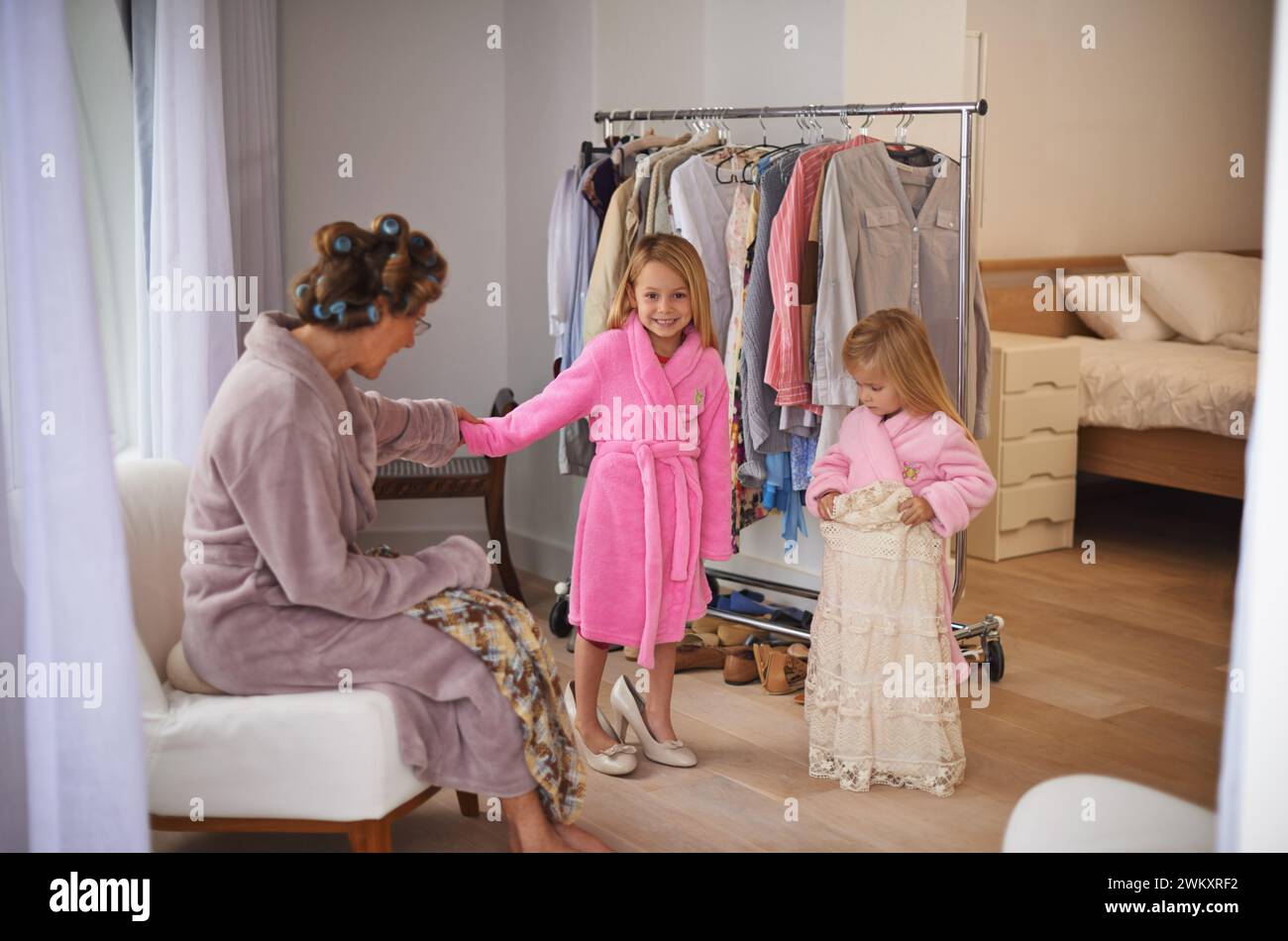 Dress up, fun and mother with children in home for makeover, getting ...