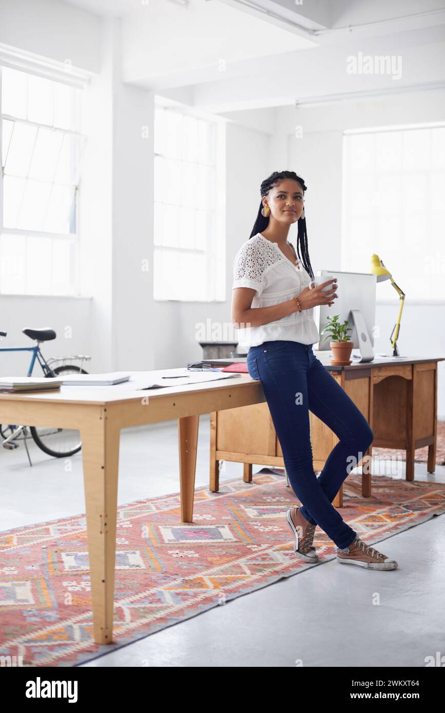 Black woman, inspiration and morning in office with ideas for interior ...