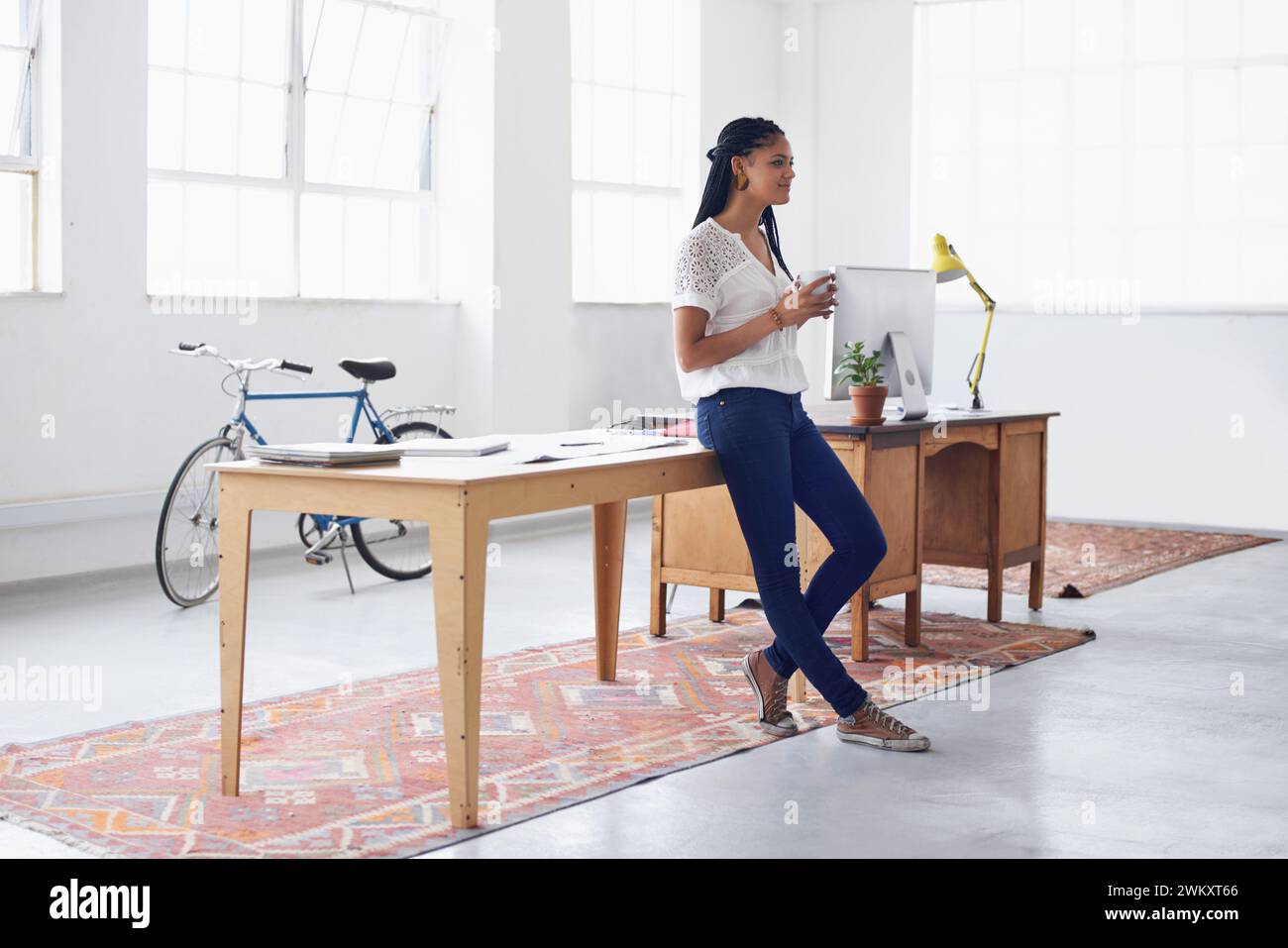 Woman, thinking and morning in office with ideas for interior design ...