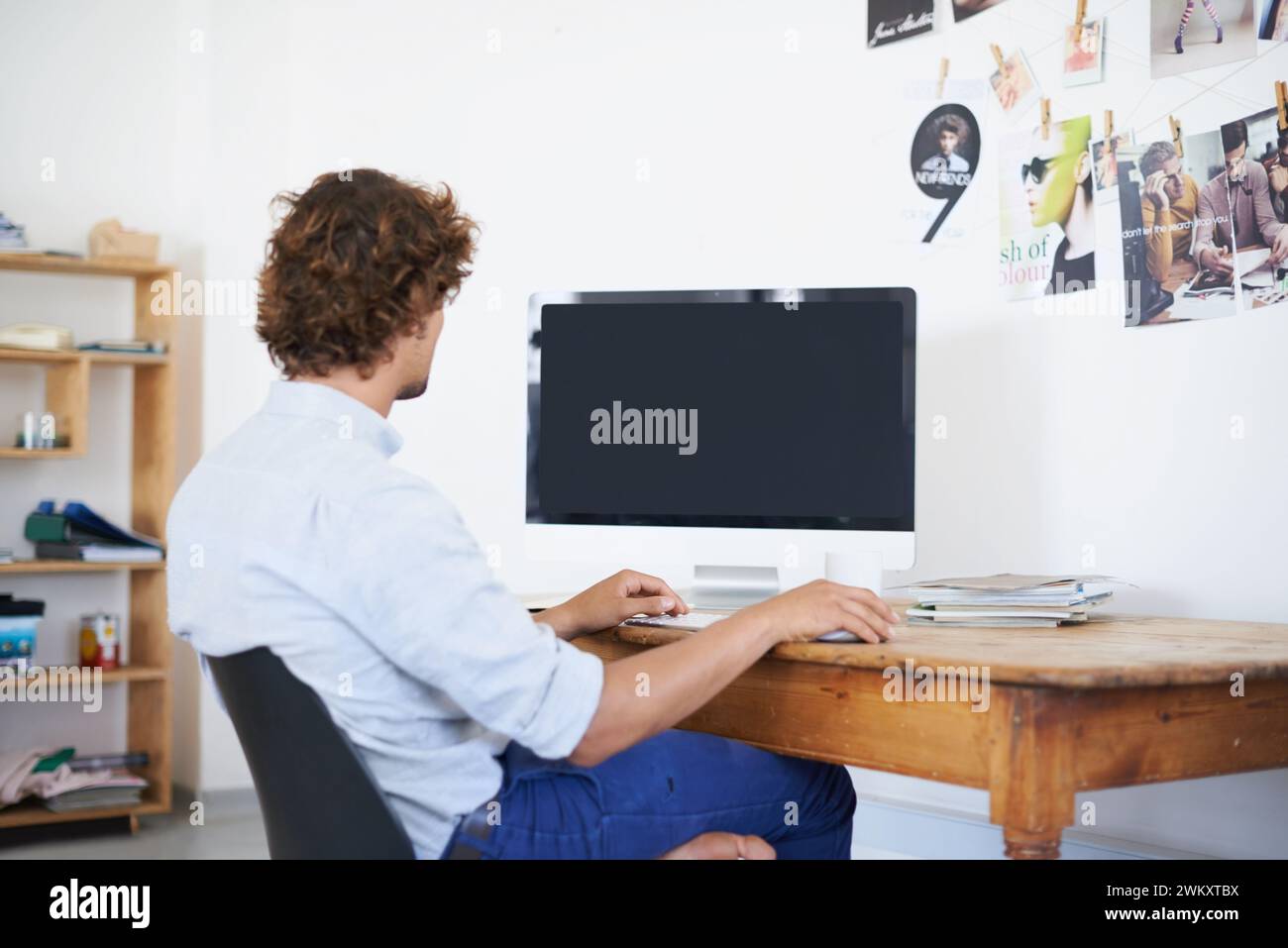Business man, monitor and computer screen for mockup in home office for ...