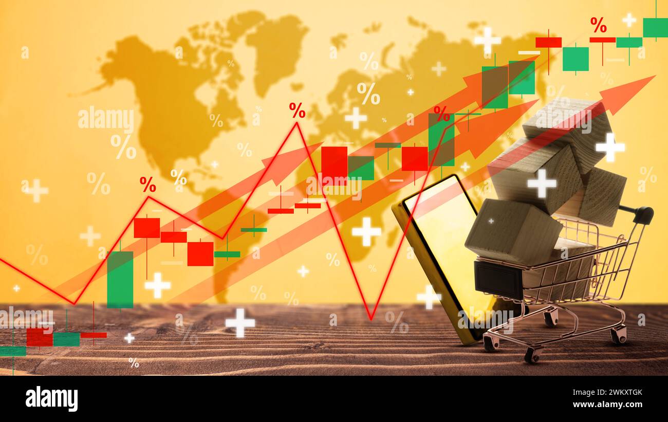 Gold bar and shopping cart with the symbol of rising inflation rate ...