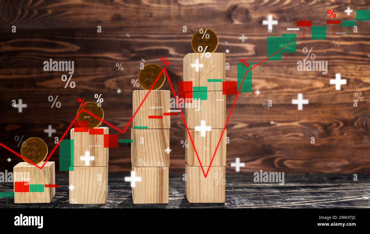 Stack of wooden cubes and golden dollar coins with the symbol of rising ...