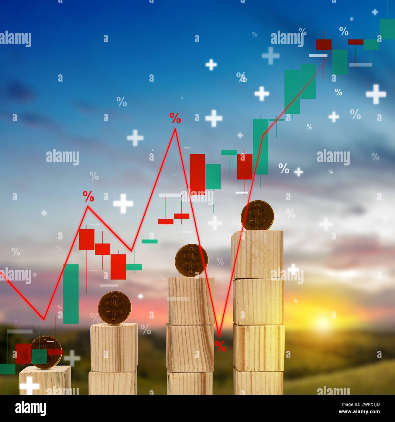 Stack of wooden cubes and golden dollar coins with the symbol of rising ...