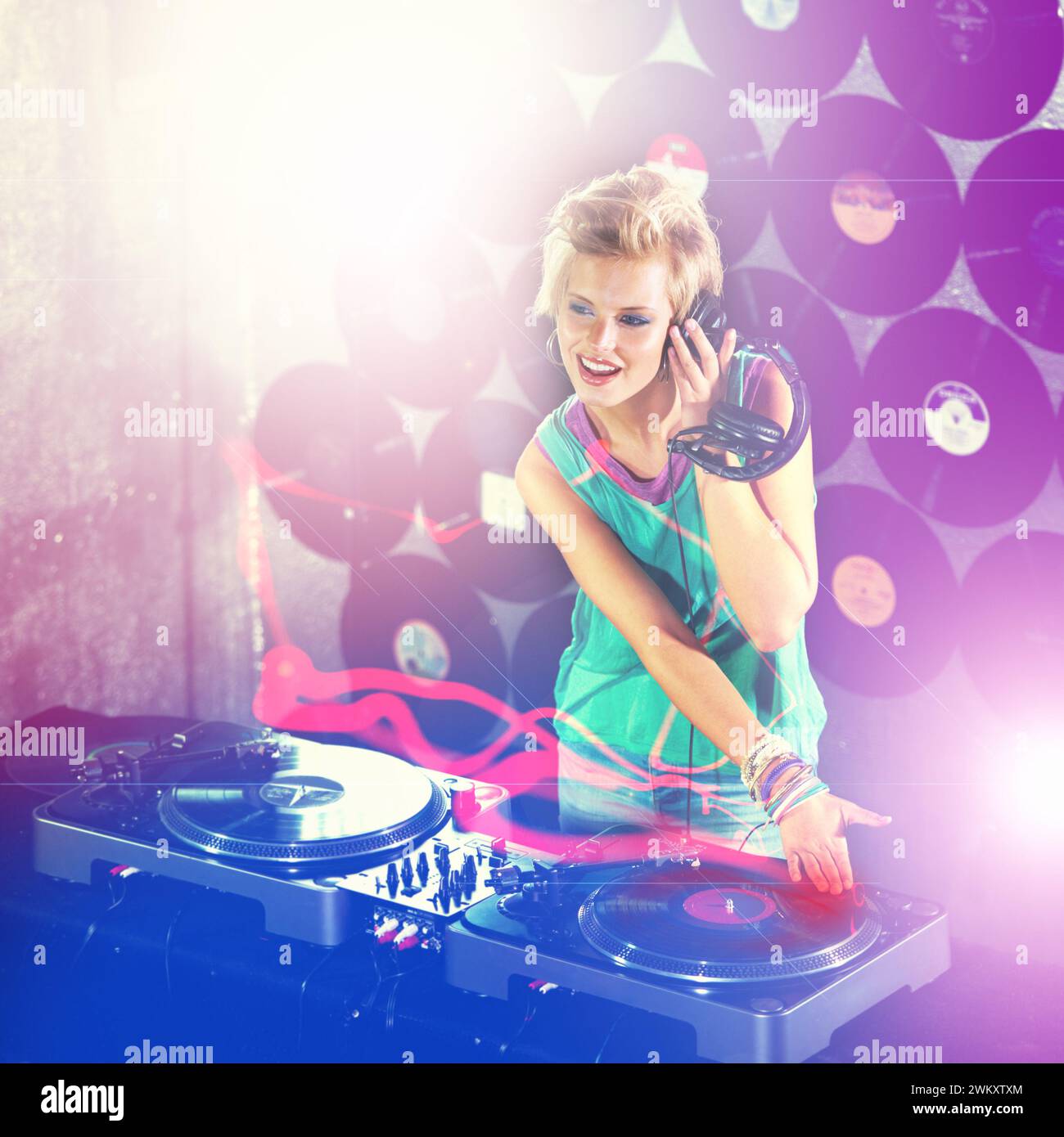 Woman dj, headphones and listen in night club for party with turntable ...