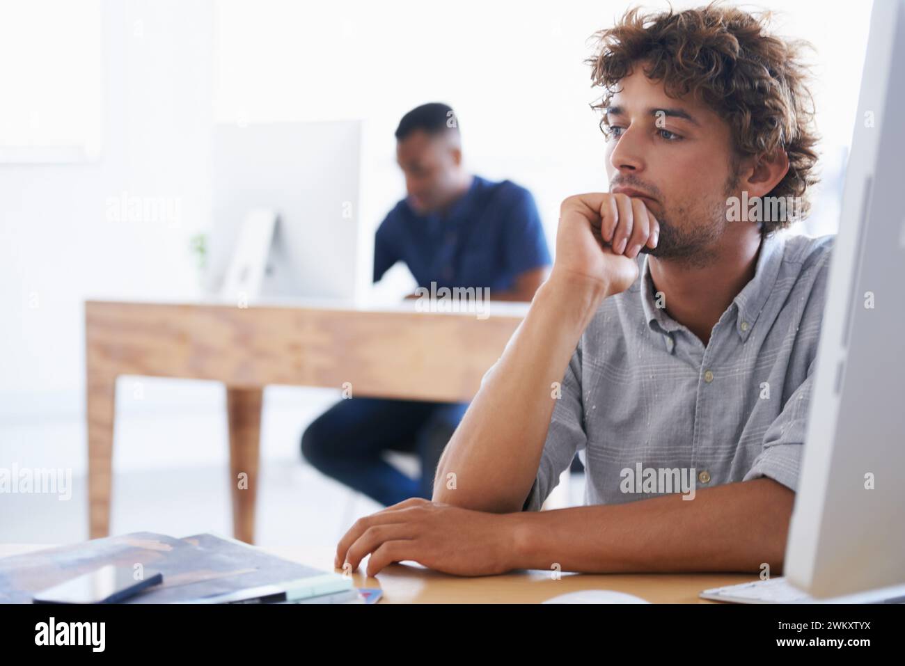 Thinking, businessman and graphic designer with hand on chin, planning ...