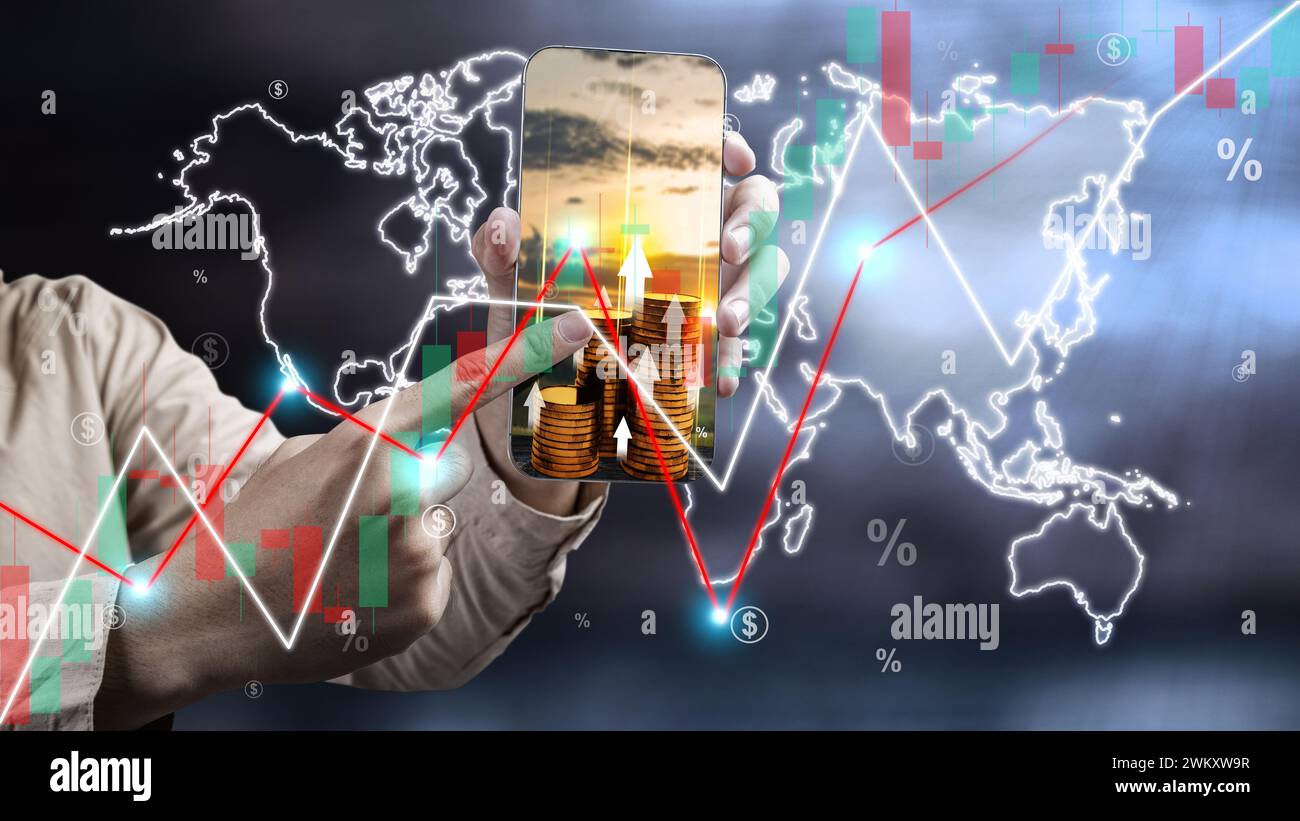 Close up male hand showing and pointing mobile phone with growing stock ...