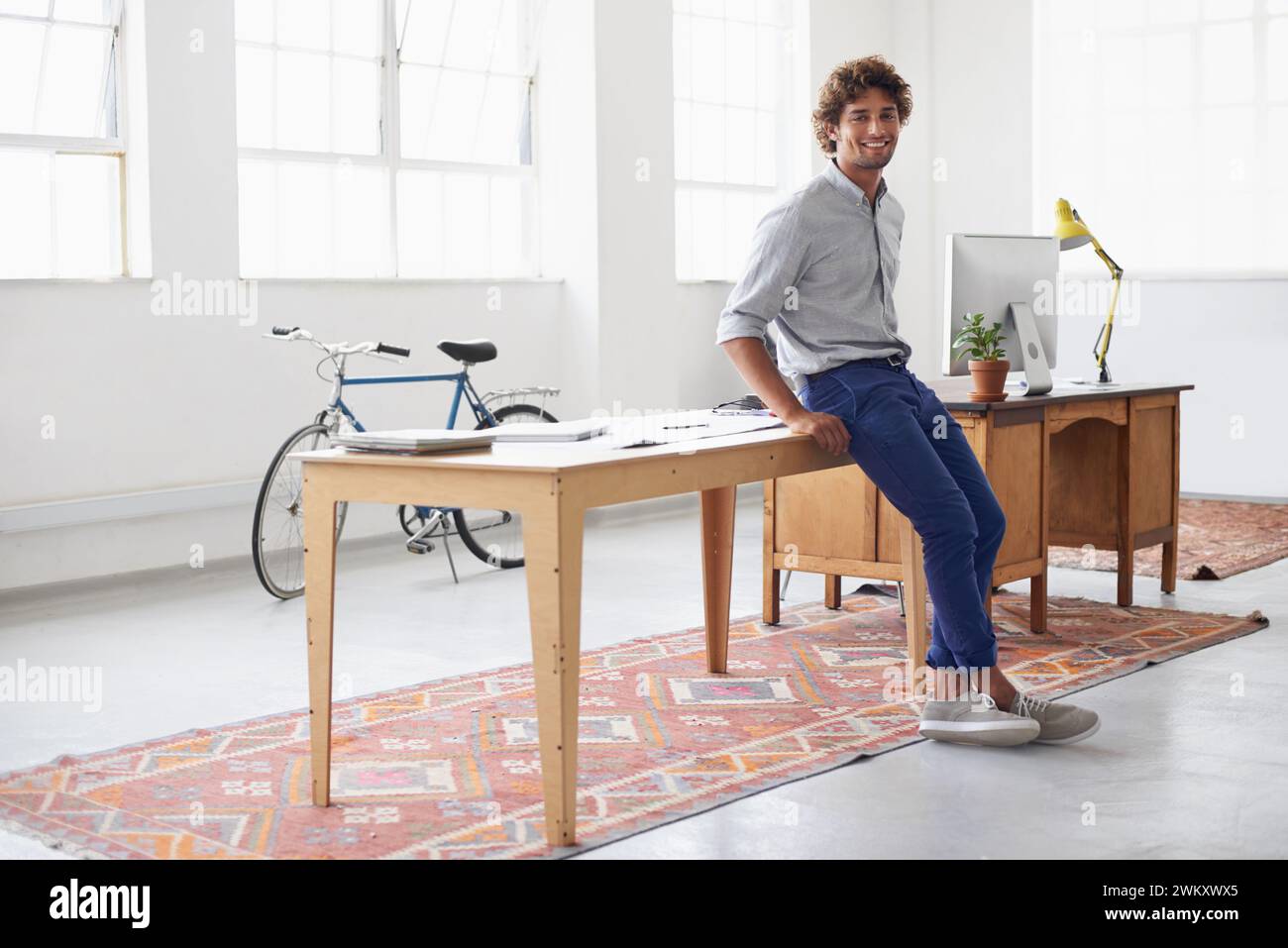 Man, portrait and morning in office with ideas for interior design ...