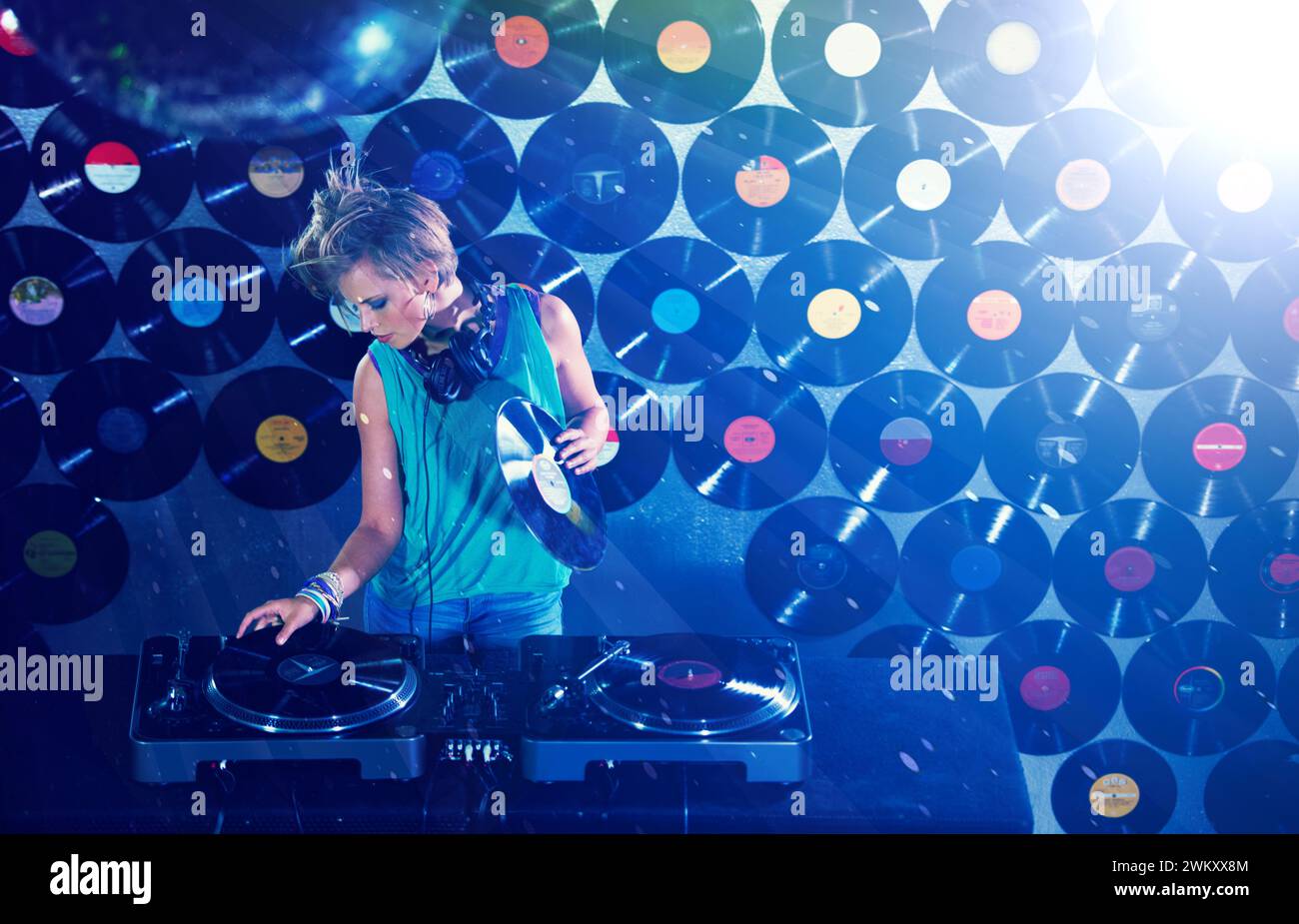 Woman dj, headphones and vinyl records in night club for party with ...
