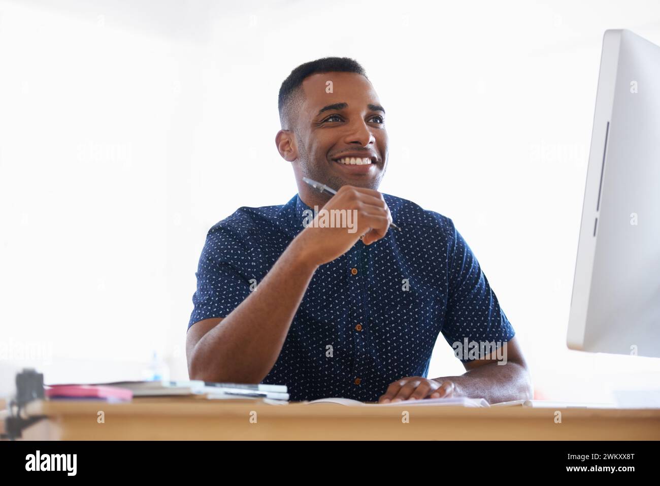 Business man, computer and desk in office for working or planning at ...