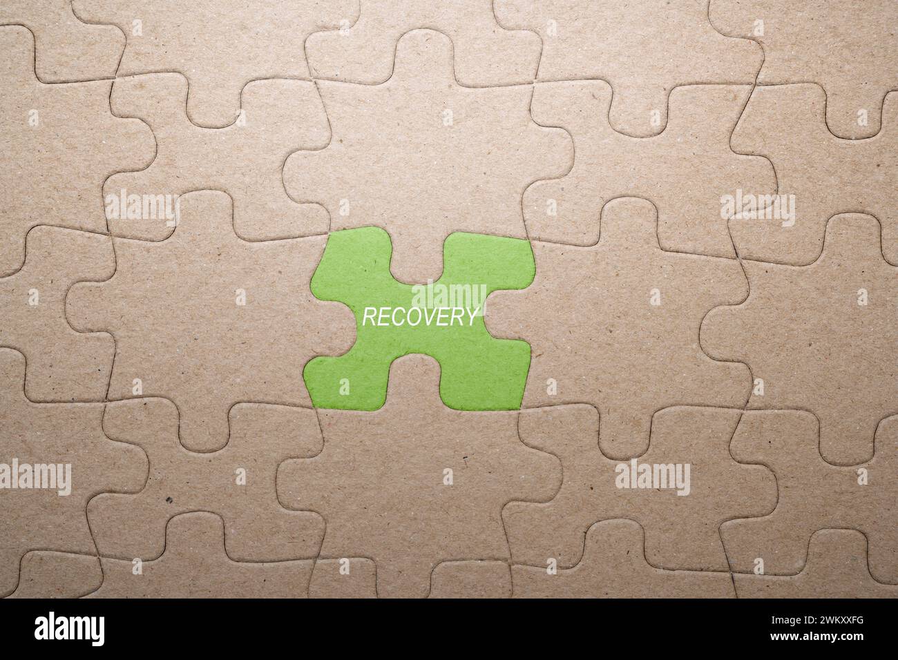 Piece of missing jigsaw puzzle with recovery text on a green background ...