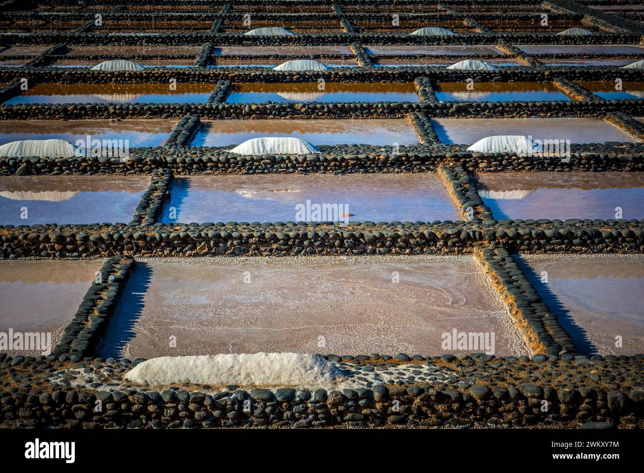 View on traditional rectangular salt evaporation ponds or salt pans creating a grid showing ...