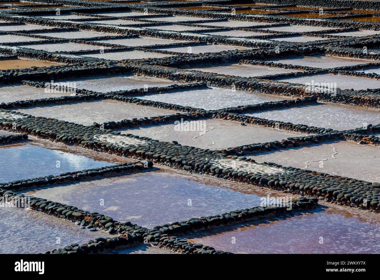 View on traditional rectangular salt evaporation ponds or salt pans ...
