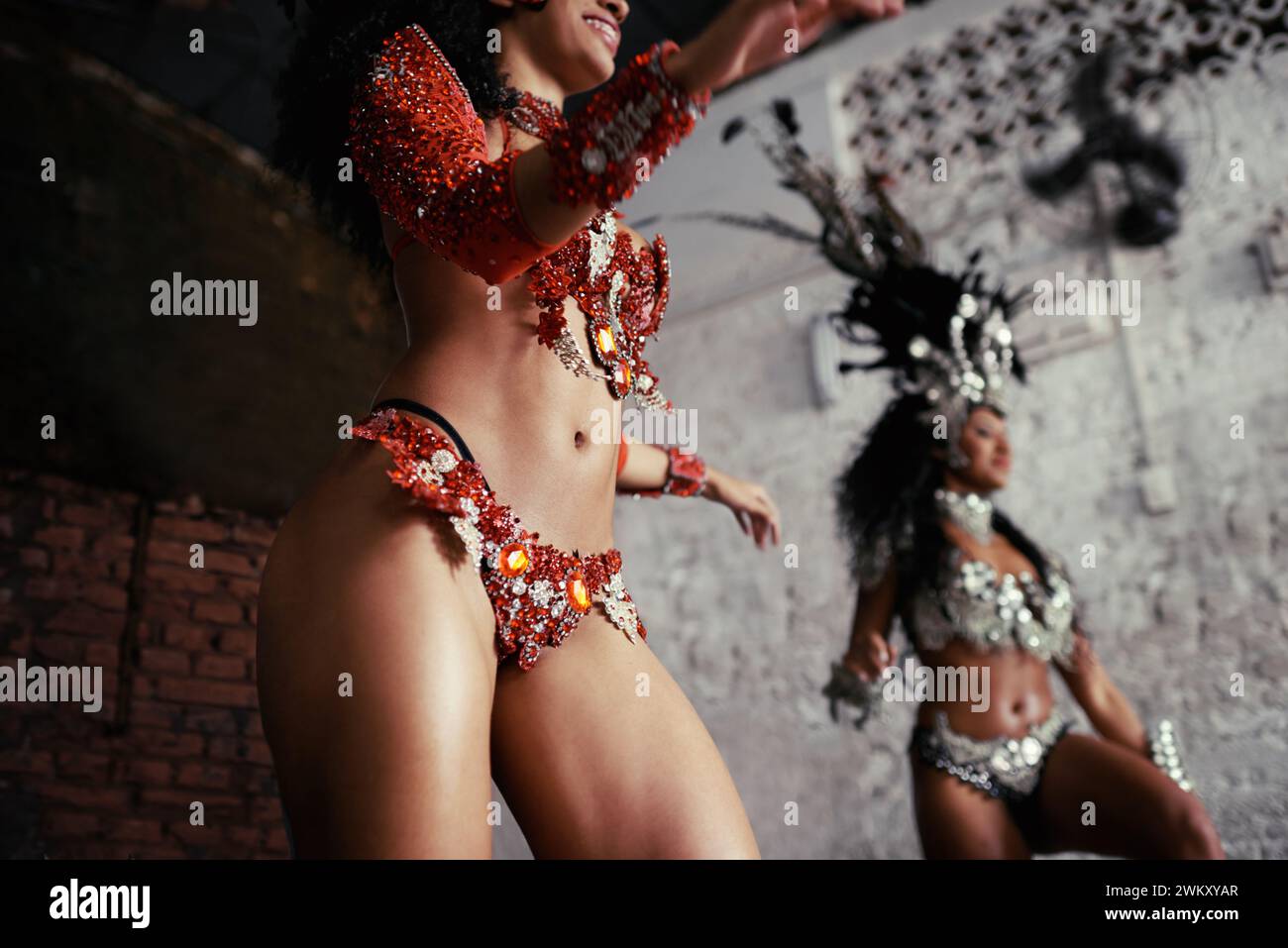 Parade, dance and women at carnival in costume for celebration, music culture and happy band in ...