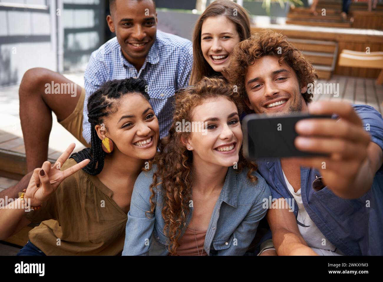 Smile, face and group of friends for selfie at university campus for ...