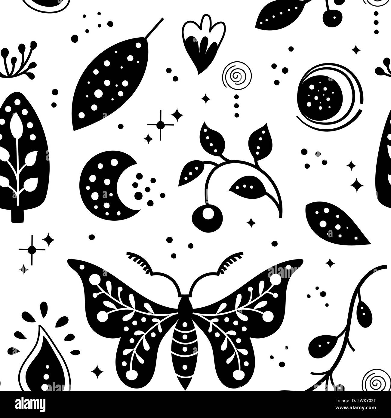 Seamless neo folk art vector pattern with butterfly, moth and flowers ...