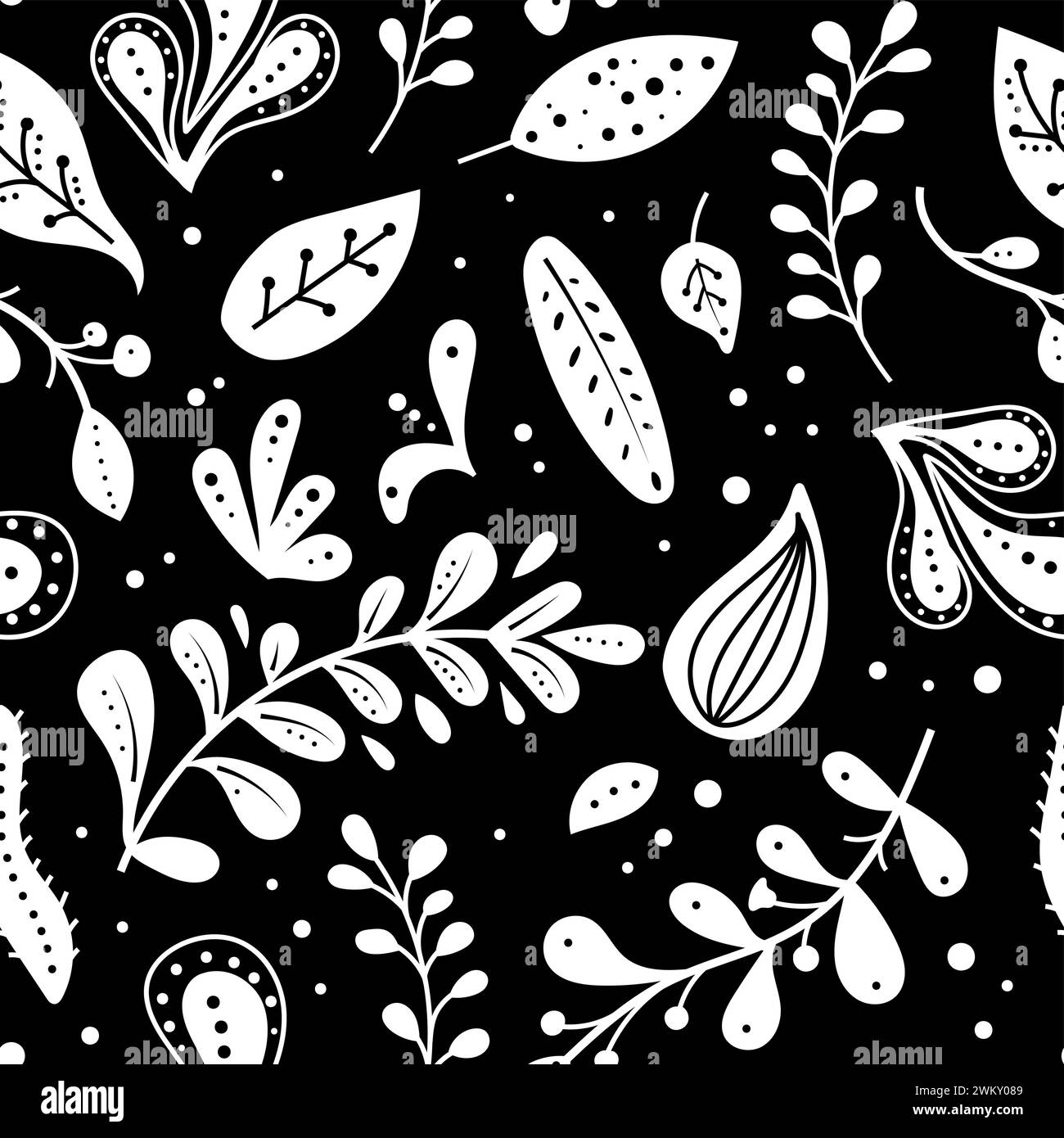Seamless neo folk art vector pattern with flowers, black and white ...
