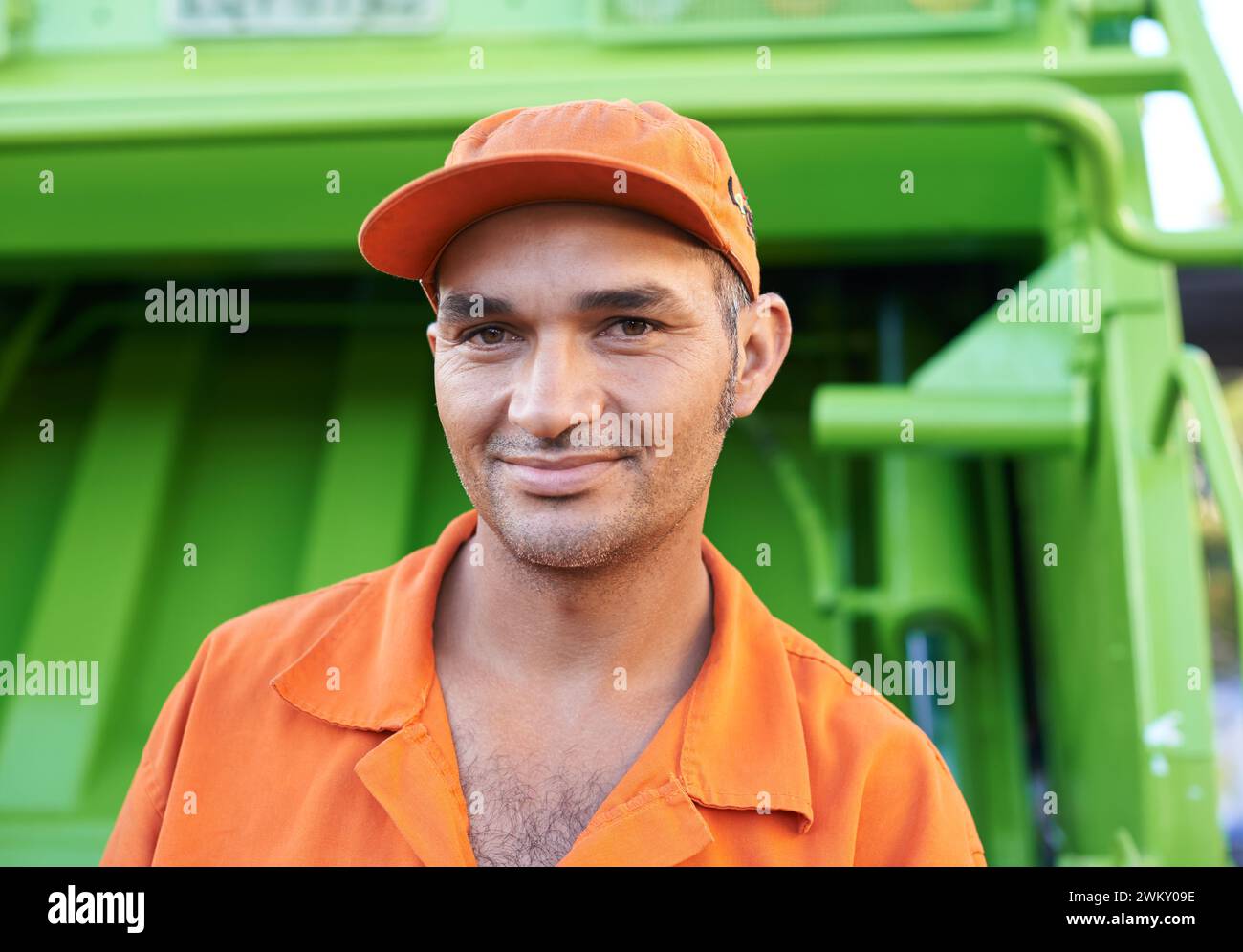 Male, garbage collector and dump truck smiling portrait, sanitation and ...
