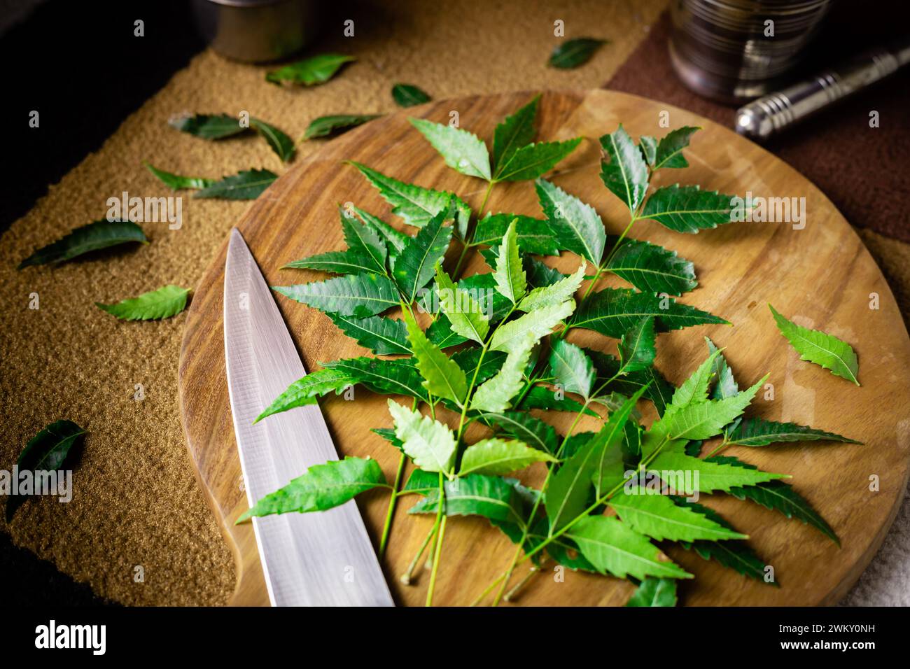 Raw green neem leaves on a chopping board Stock Photo - Alamy