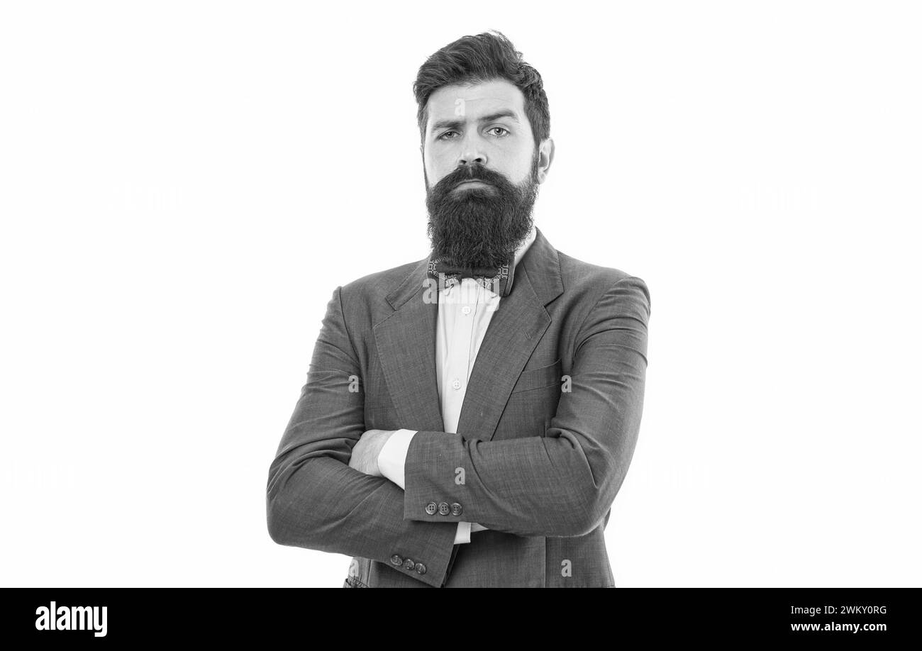 Office life concept. He knows who is boss here. Bearded man confident ...