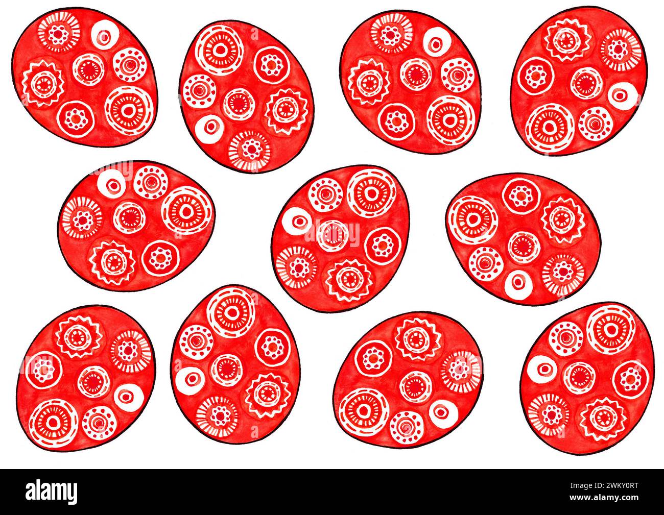 Set of Easter eggs filled with ornaments. Red color with a black ...