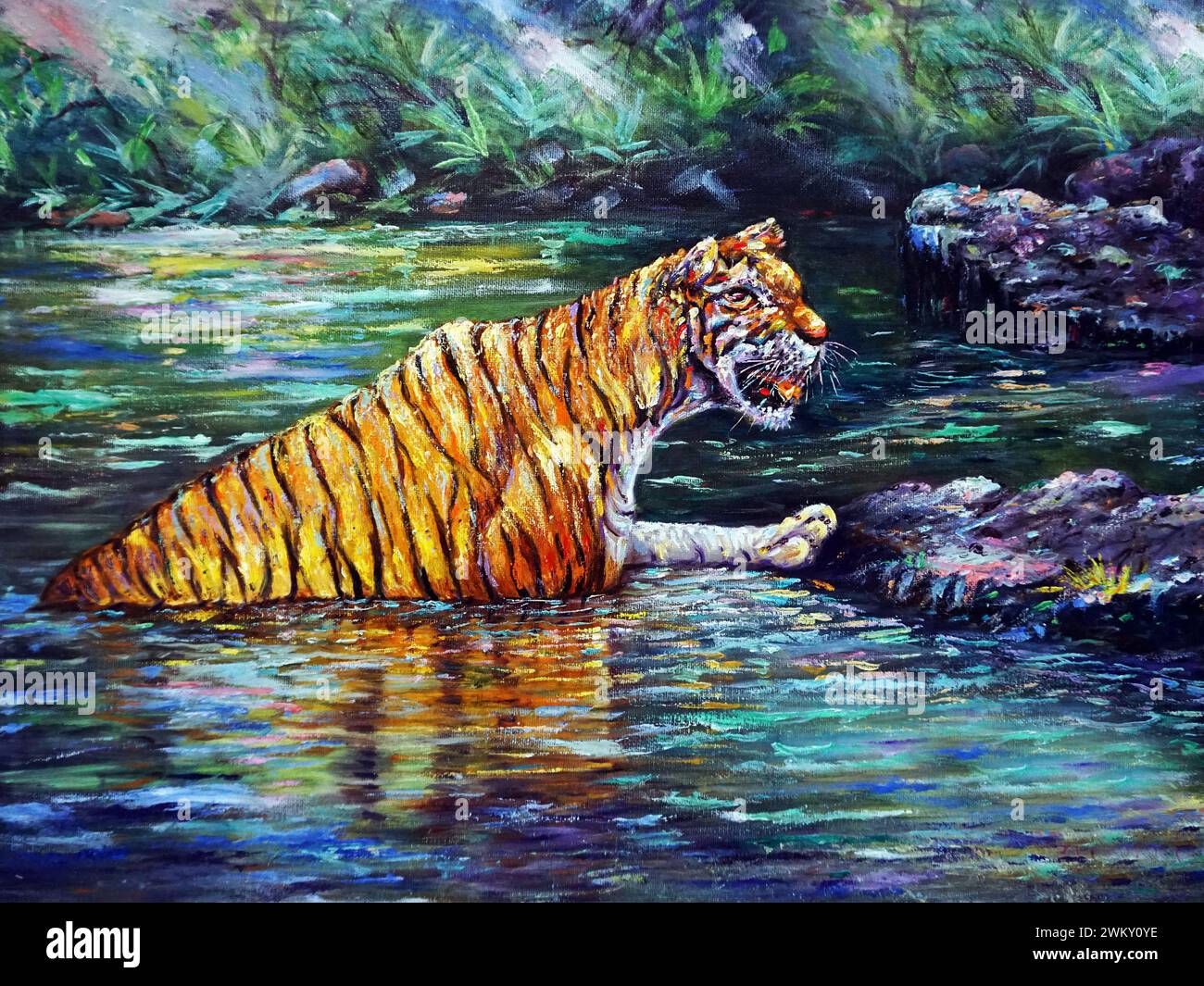 Art painting Oil color panthera tigris tiger in stream forest Stock ...