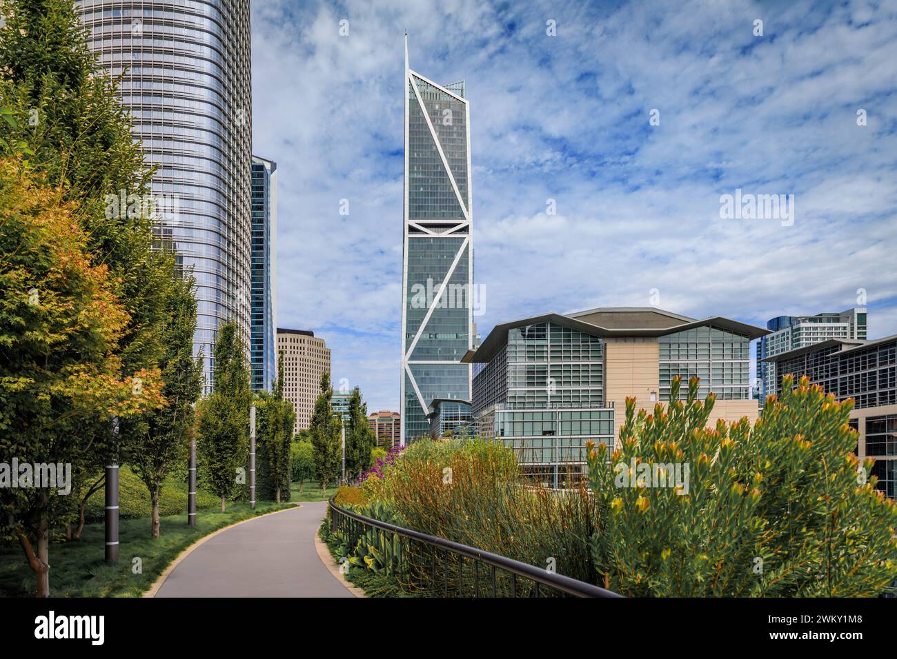 View of a downtown skyscrapers with trees and a path in a park in the ...